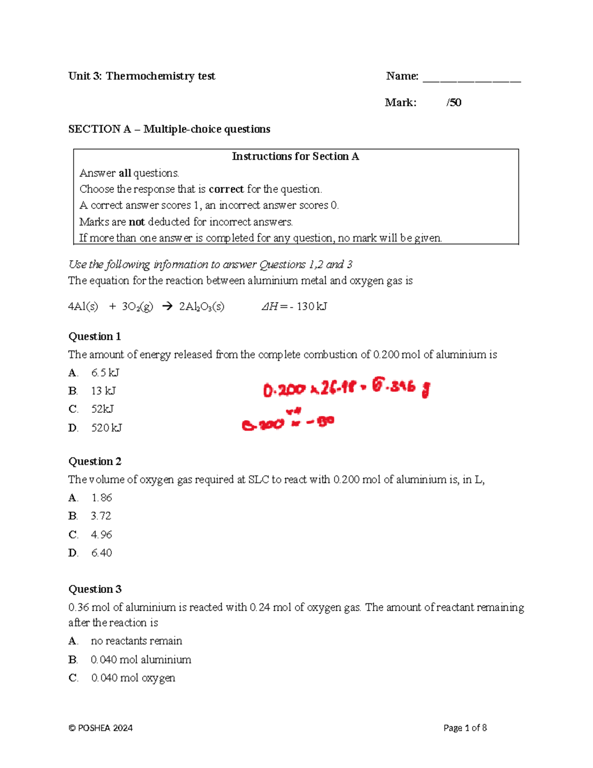 Unit 3: Thermochemistry Test - Combustion Questions (POSHEA 2024) - Studocu