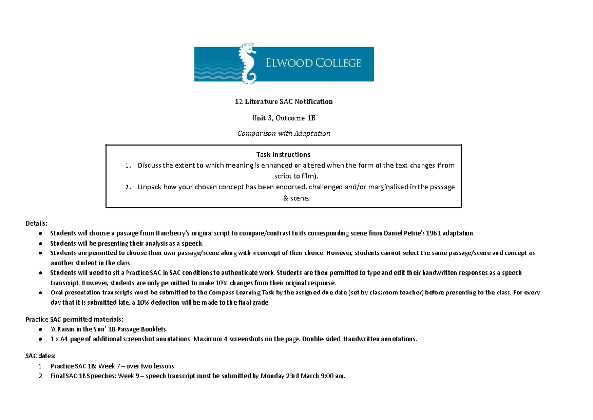 2026 Literature SAC 1B: Script to Film Adaptation Analysis - Studocu