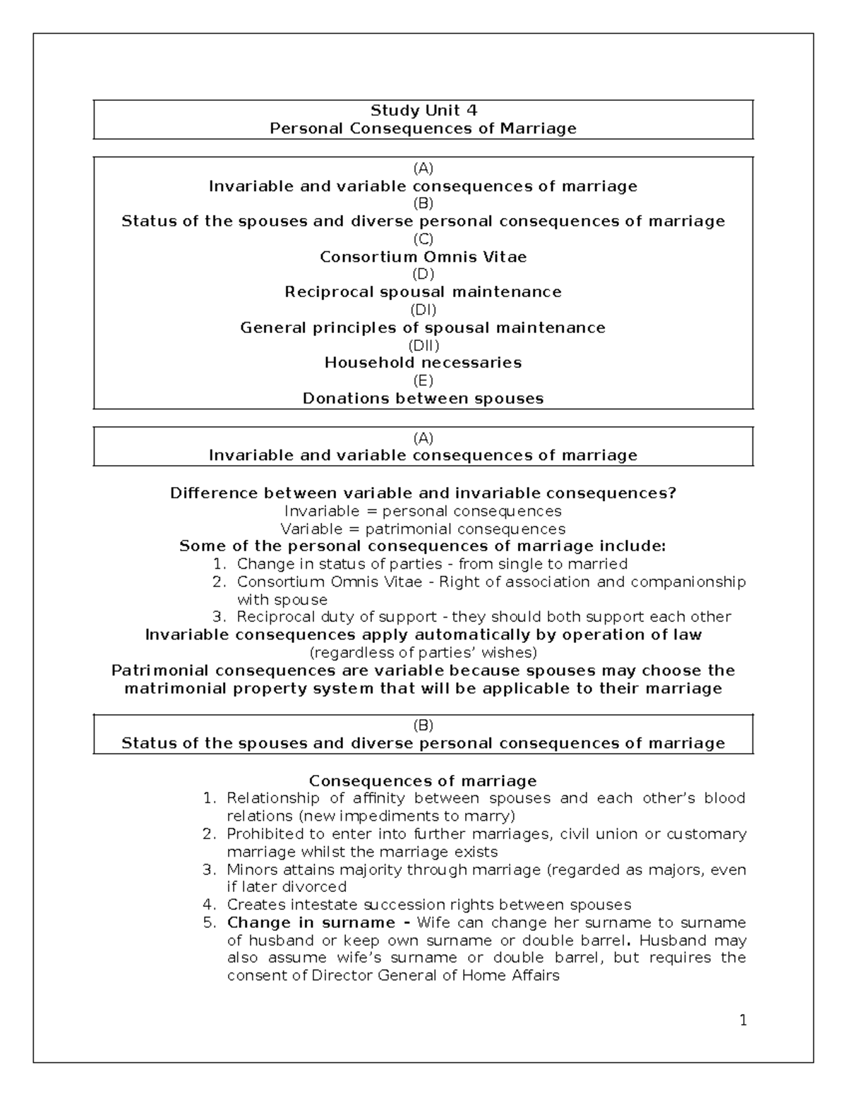 Study Unit 4: Personal Consequences of Marriage and Spousal Duties ...