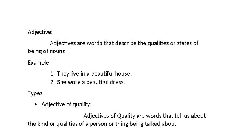 Adjectives: Types and Examples of Descriptive Words - Studocu