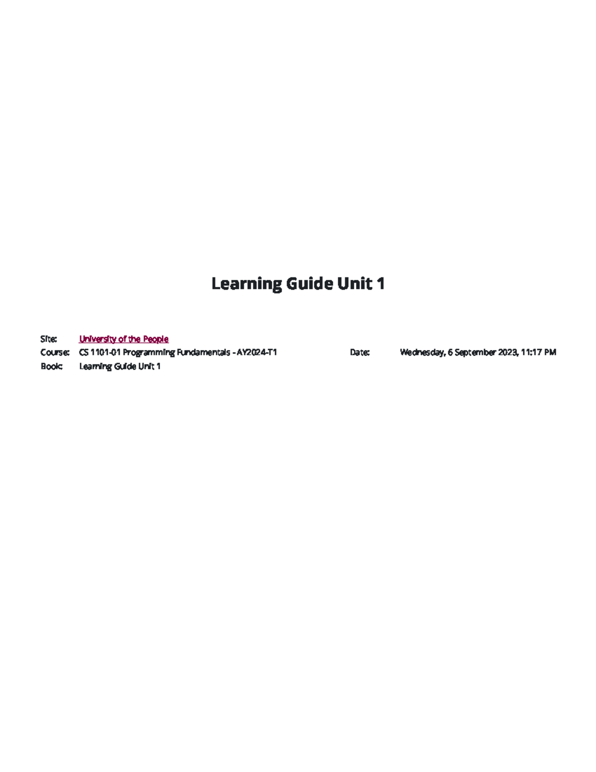 CS 1101-01: Learning Guide for Programming Fundamentals Unit 1 - Studocu
