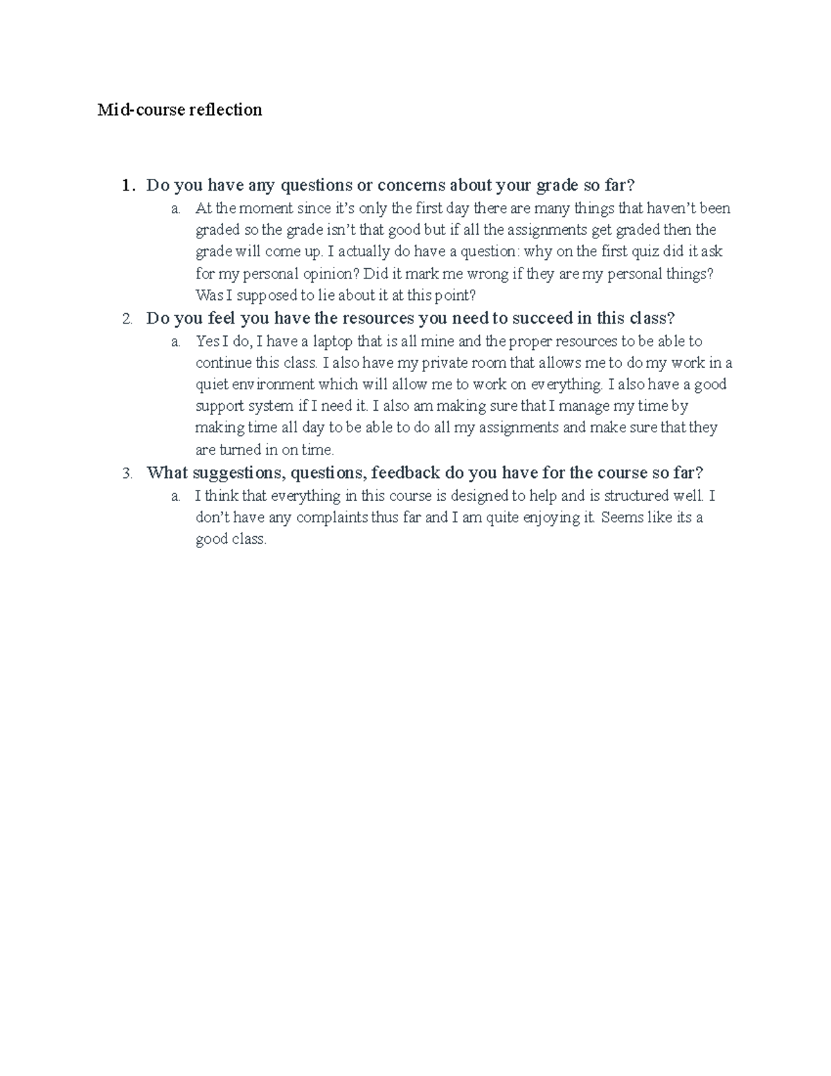 Mid-Course Reflection: Questions and Feedback on Progress - Studocu