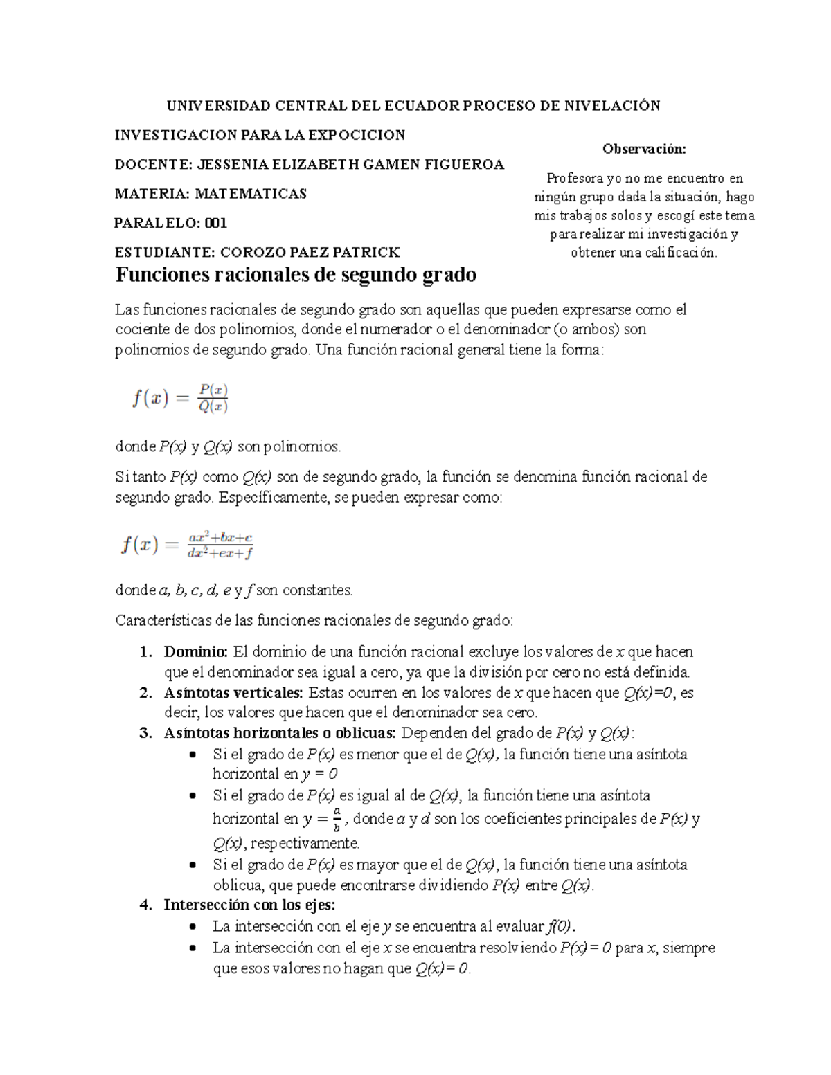 Funciones Racionales de Segundo Grado - Investig. Matemáticas 001 - Studocu