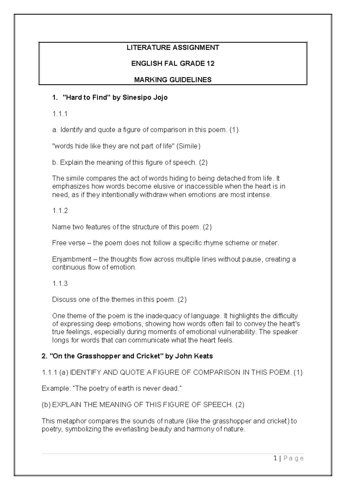 TASK 7: Literature Assignment 12A Marking Guidelines - Studocu