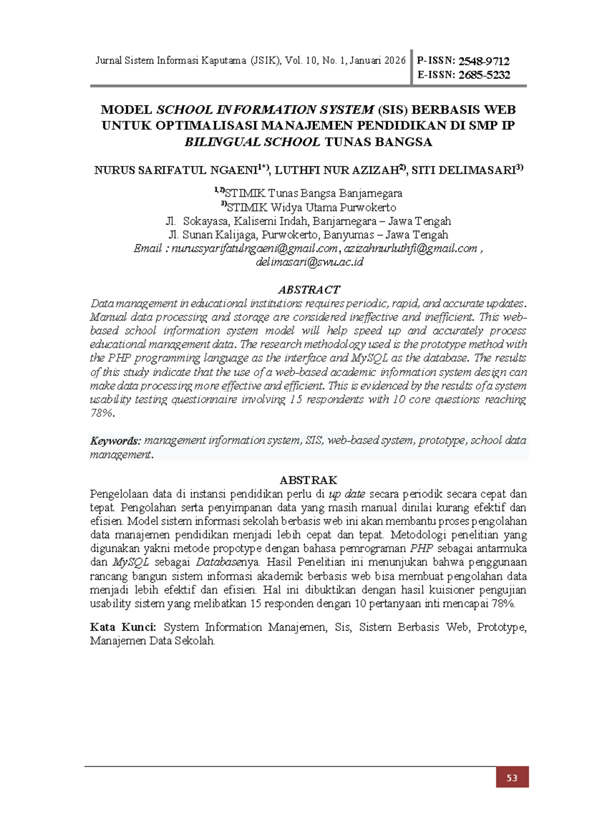 Model SIS Berbasis Web untuk Manajemen Pendidikan di SMP IP Bilingual ...