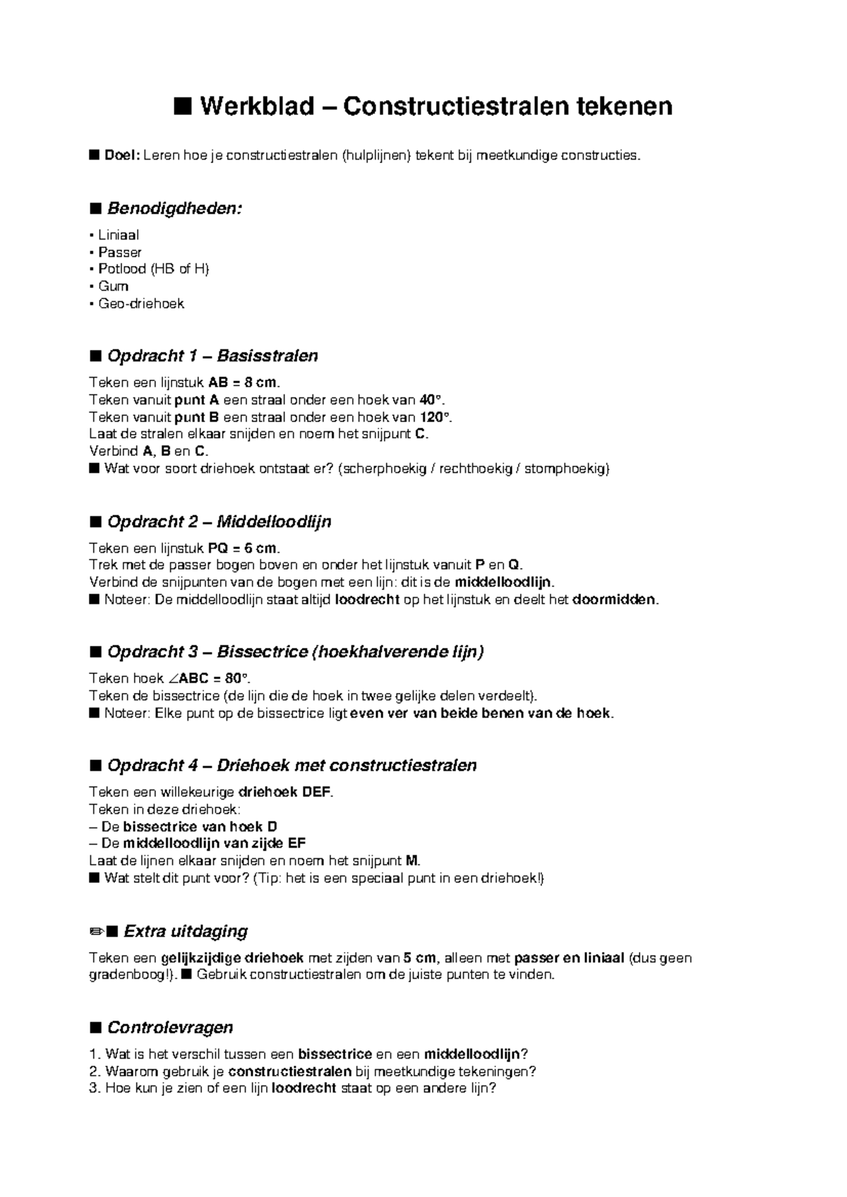 Werkblad Constructiestralen: Leren Teken van Hulplijnen en Driehoeken ...