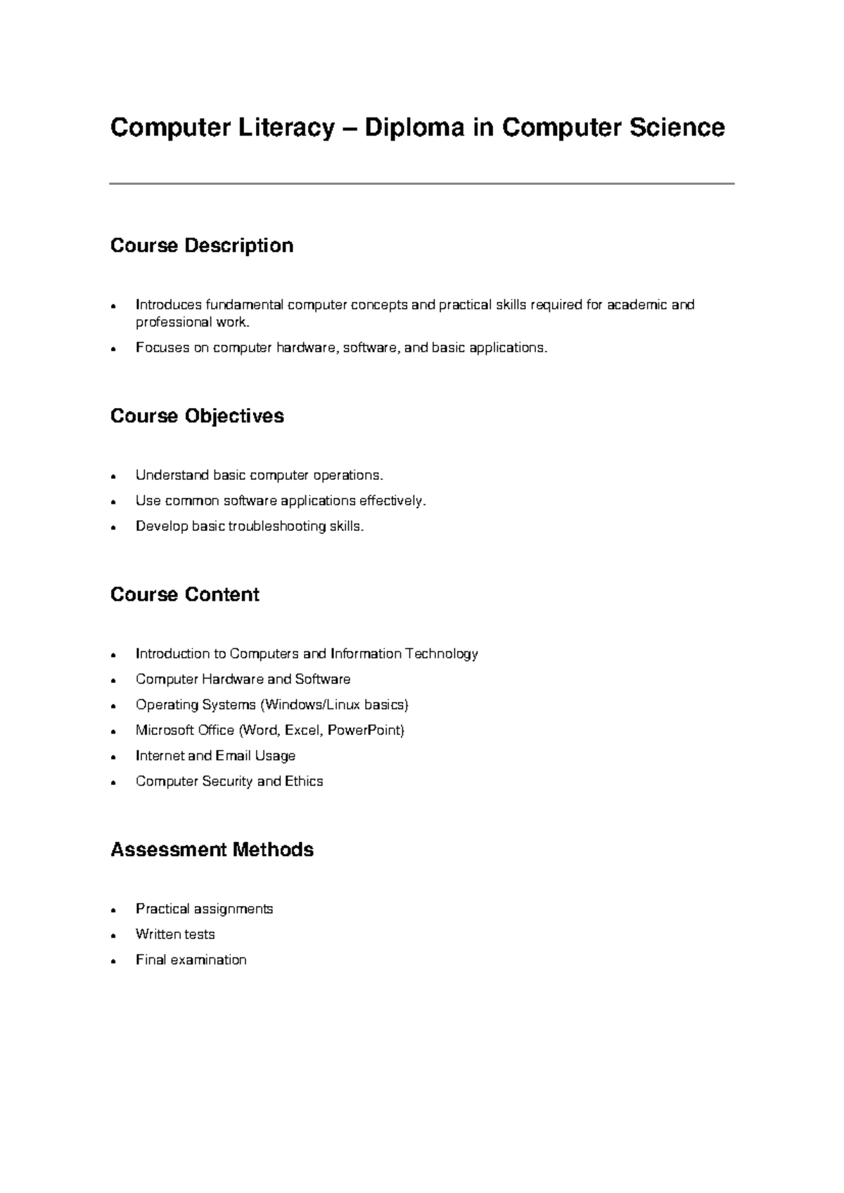 Computer Literacy Diploma - Computer Literacy – Diploma in Computer ...