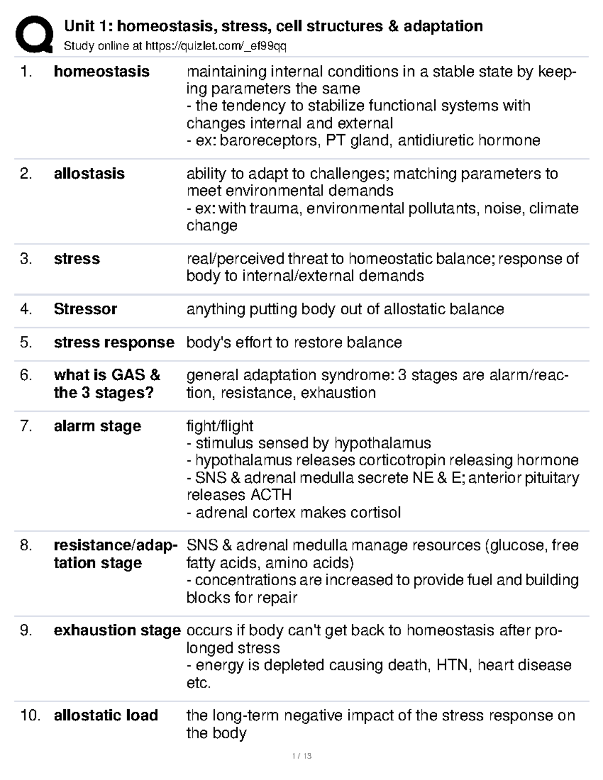Pathophysiology Unit 1 Study Guide: Key Concepts and Terms - Studocu