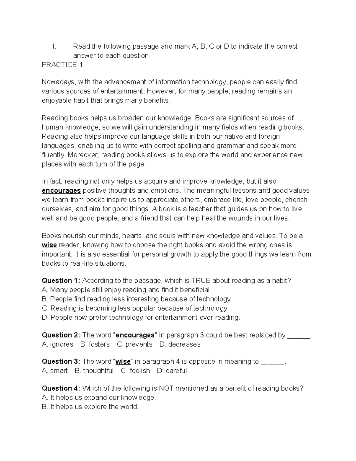 Multiple Choice Reading Comprehension Practice (Course Code: MC-RC ...