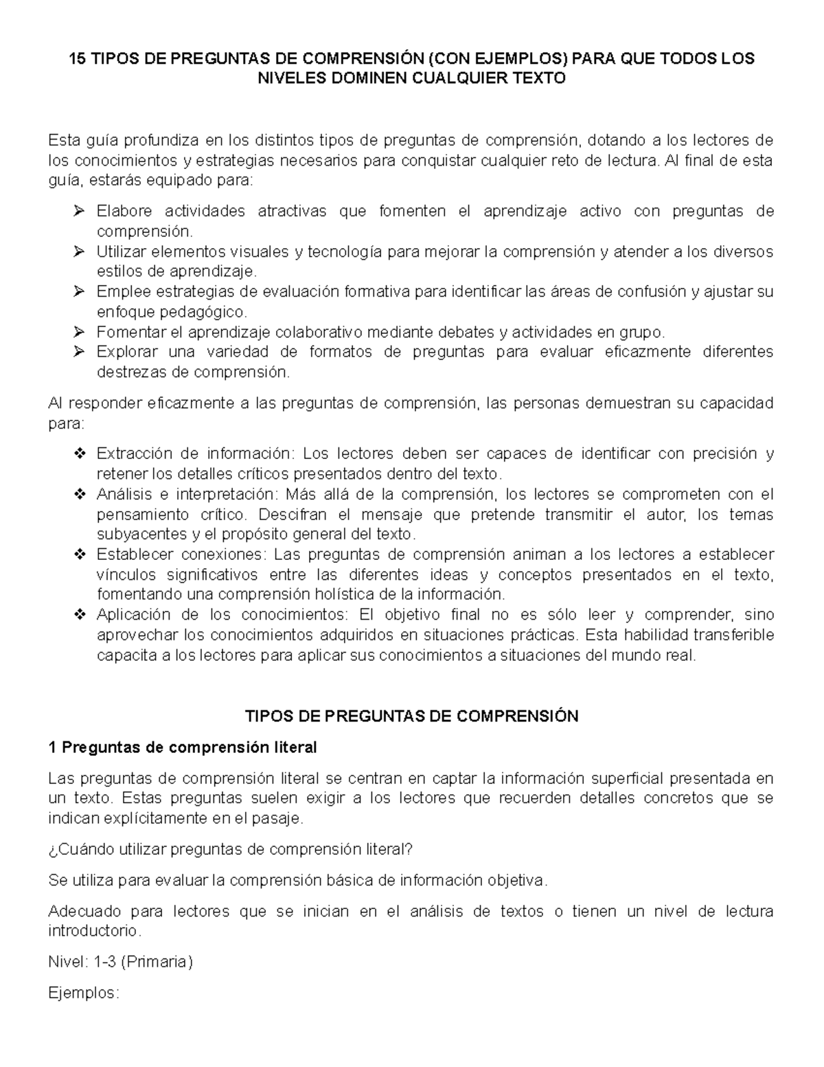 15 Tipos de Preguntas de Comprensión con Ejemplos y Estrategias - Studocu
