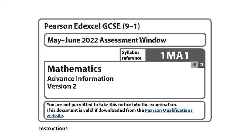 Edexcel GCSE 1MA1 Mathematics 2022 Exam Advance Info Guide - Studocu