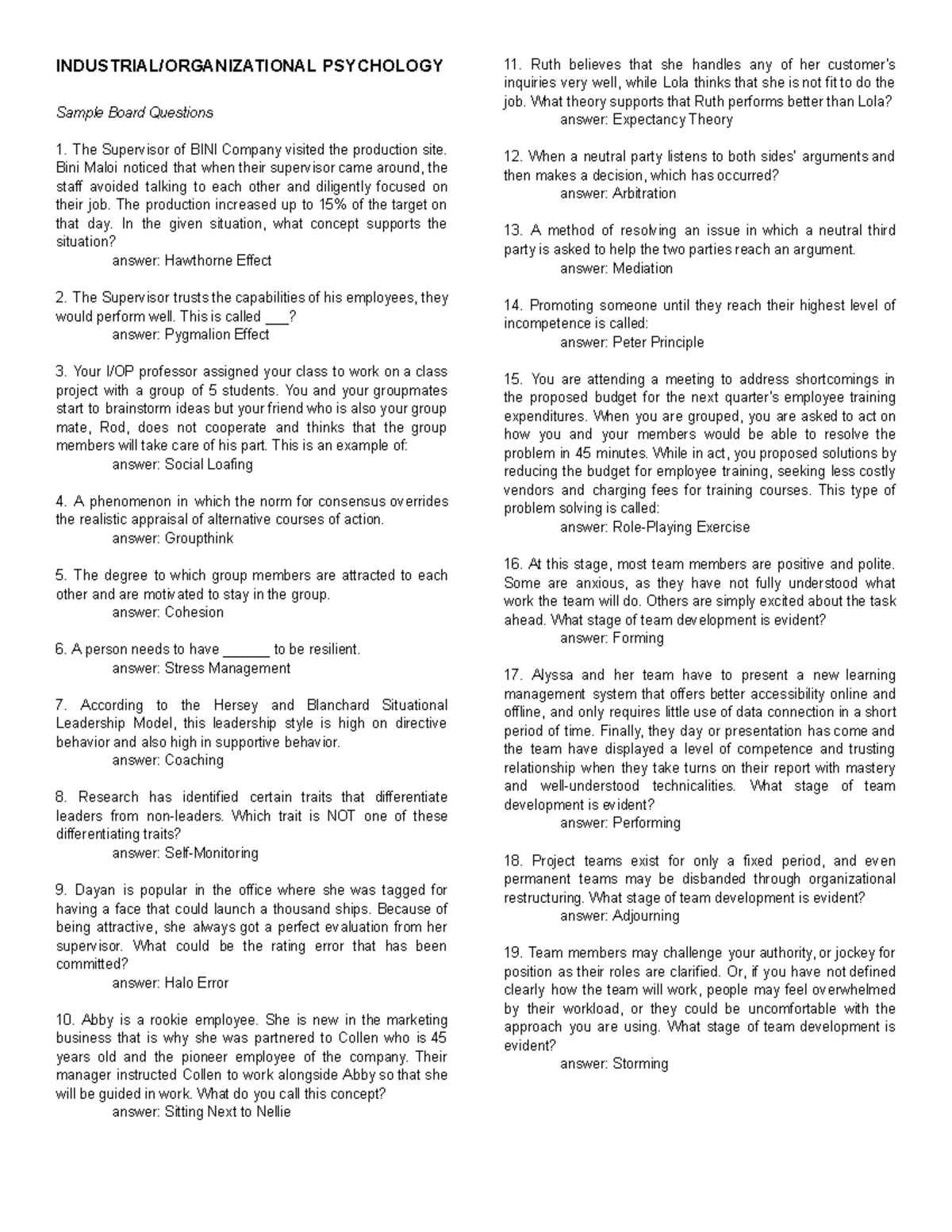 Industrial/Organizational Psychology - Exam Review Notes - Studocu