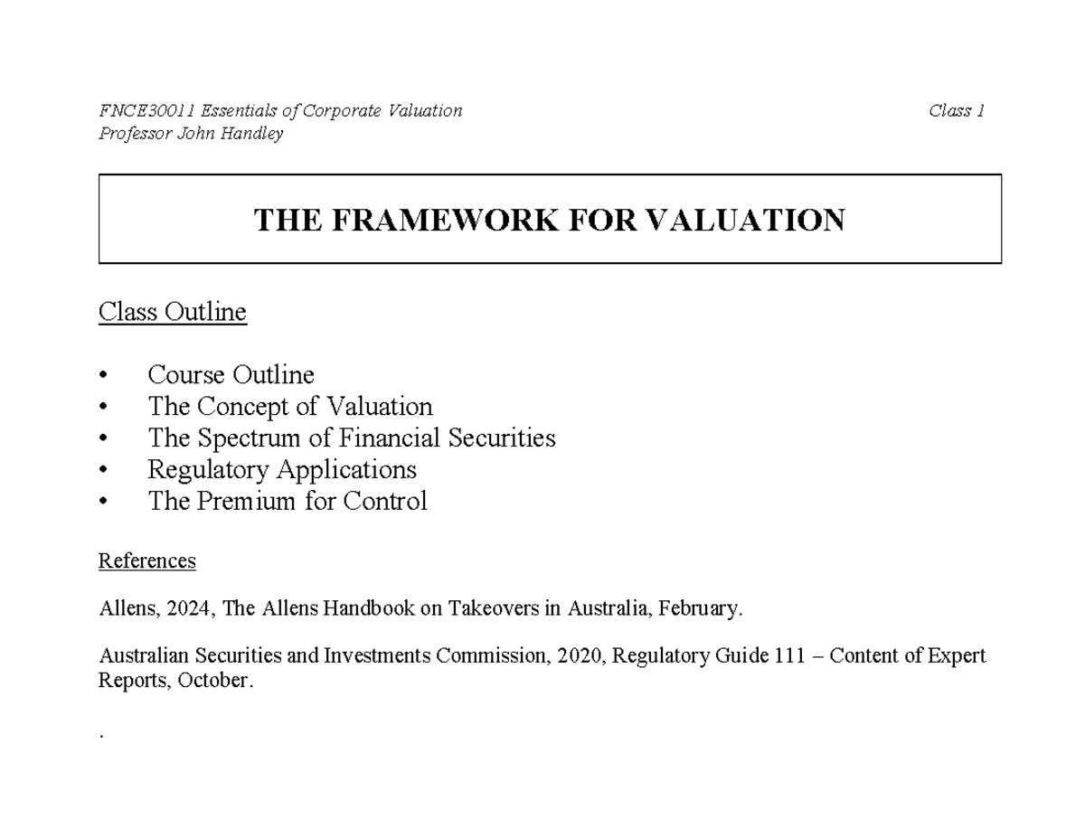 FNCE30011 Final Exam: Essentials of Corporate Valuation Framework ...
