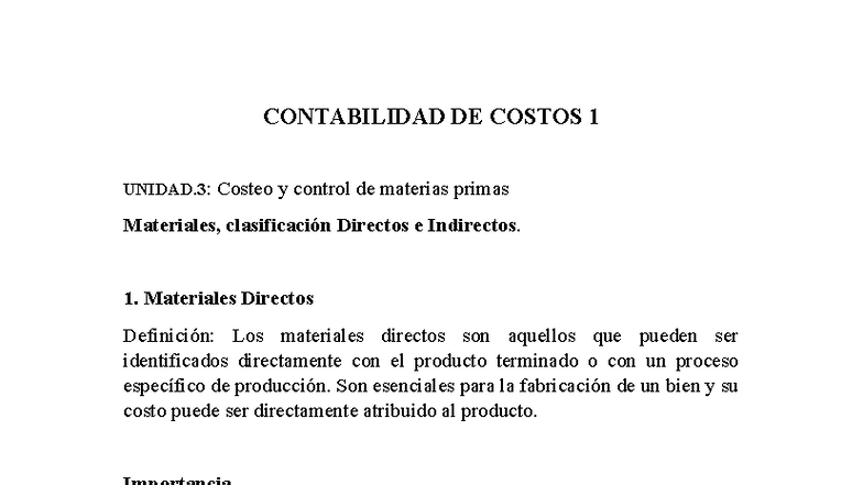 Contabilidad de Costos 1: Materiales Directos e Indirectos - Studocu