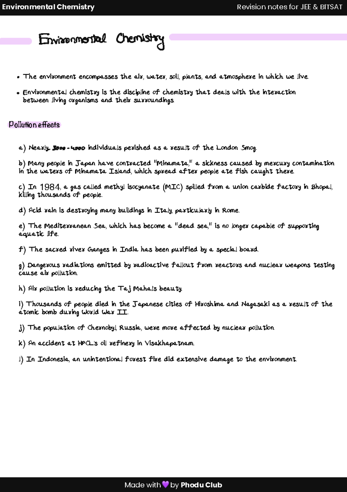 JEE BITSAT Revision Notes: Environmental Chemistry Insights - Studocu