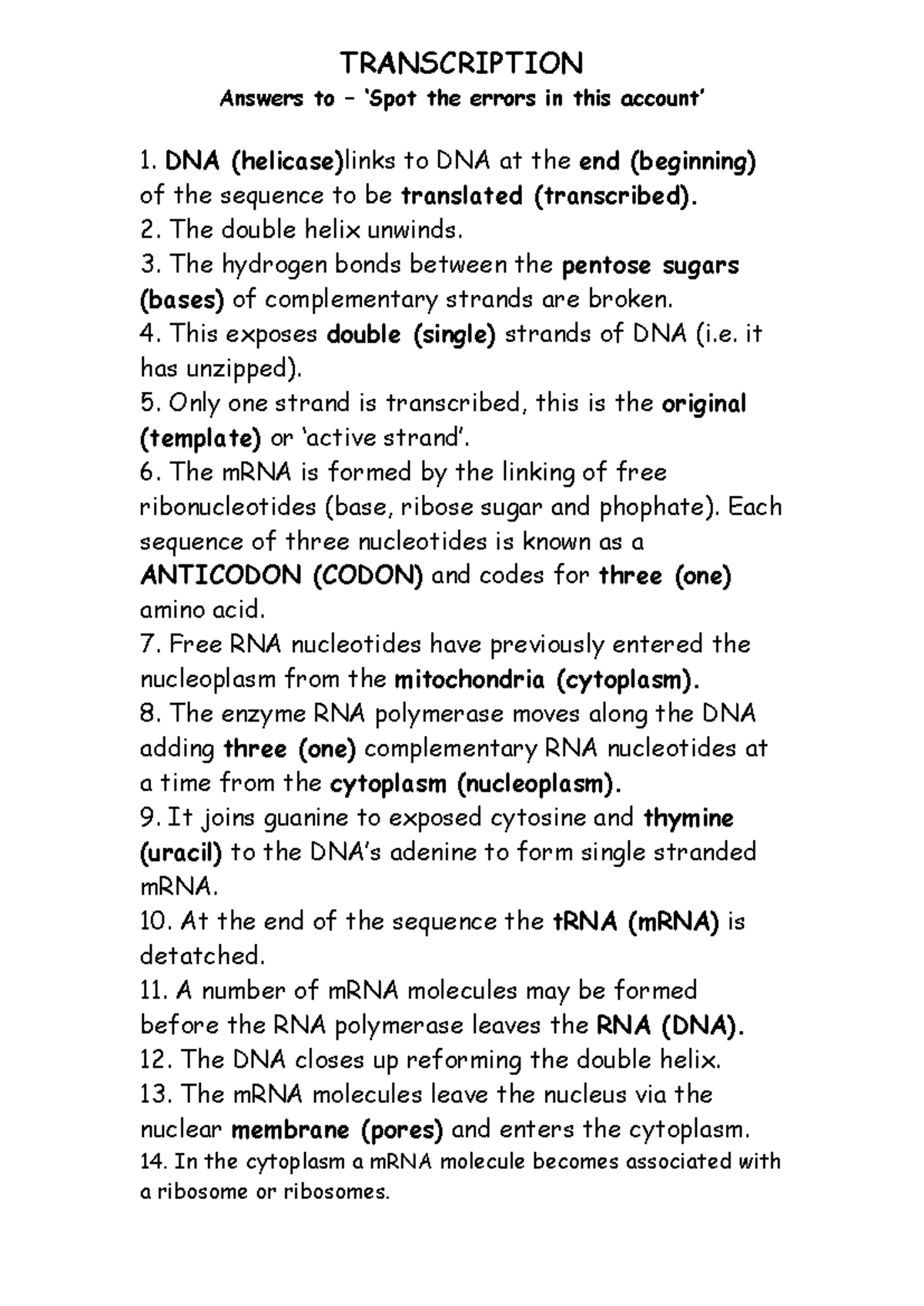 Transcription Errors: Answers for Activity 2 - Spot the Errors - Studocu