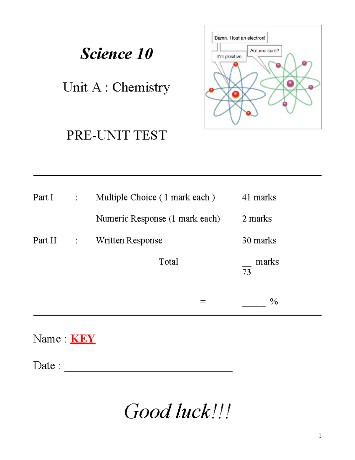 Chem 10 Unit A: Chemistry Test Key & Review Guide - Studocu