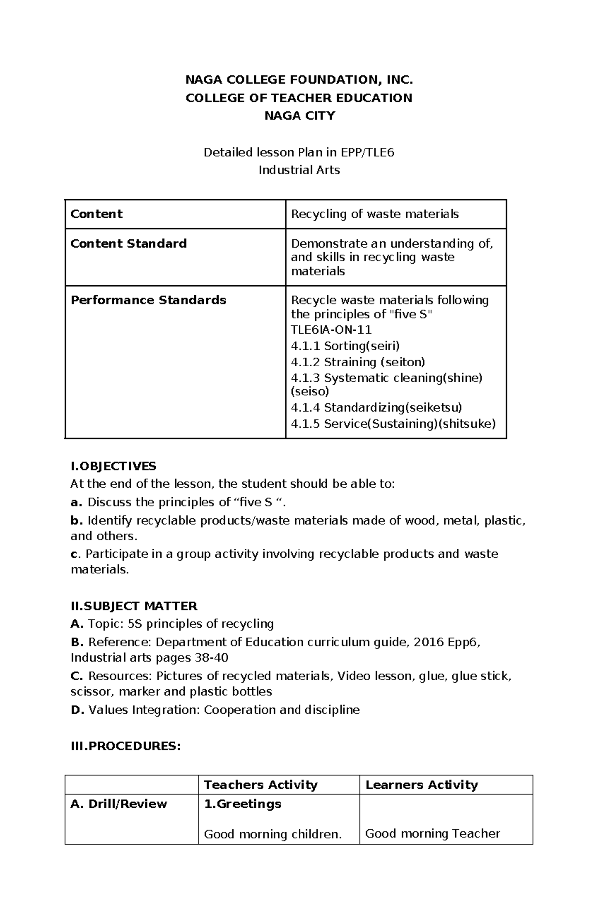 Detailed Lesson Plan on Recycling Waste (EPP-TLE6) - Studocu