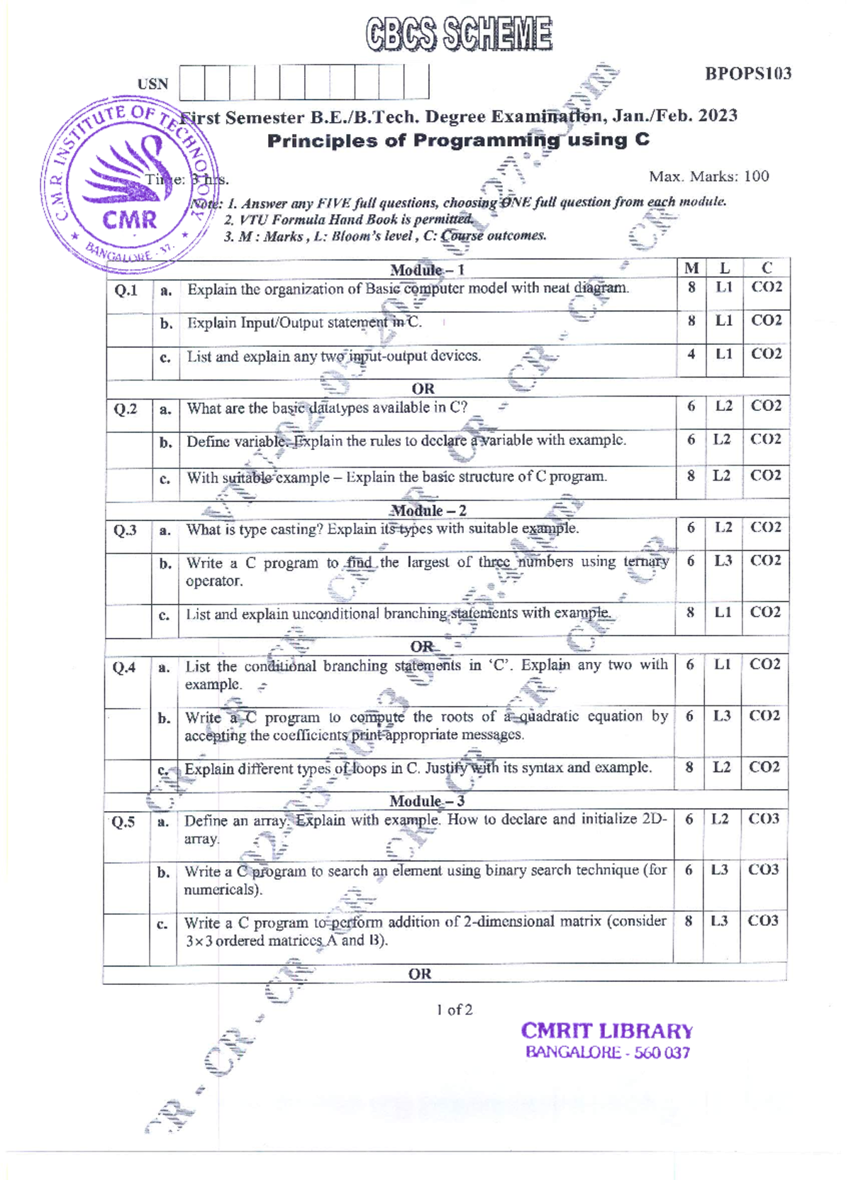 VTU BPOPS 103 Final Exam Question Paper - Principles of Programming in C (Jan-Feb 2023) - Studocu