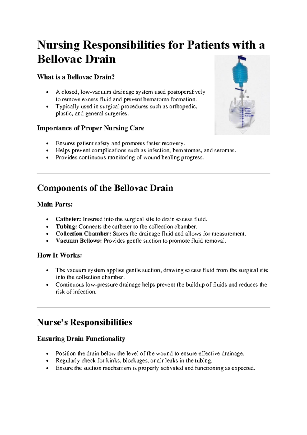 Nursing Responsibilities for Bellovac Drain Management - Studocu