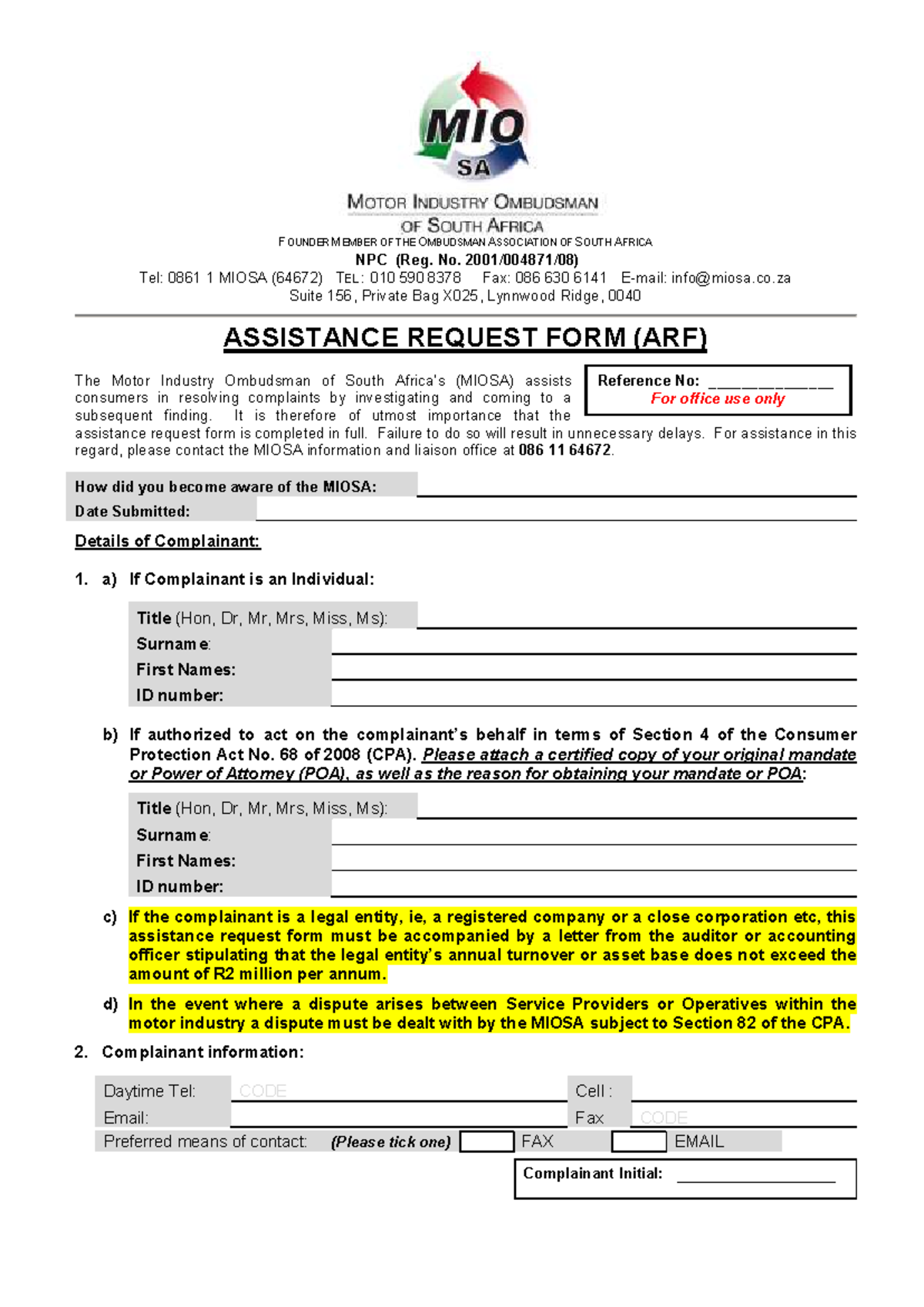 MIOSA Assistance Request Form (ARF) - 2021 Guidelines - Studocu