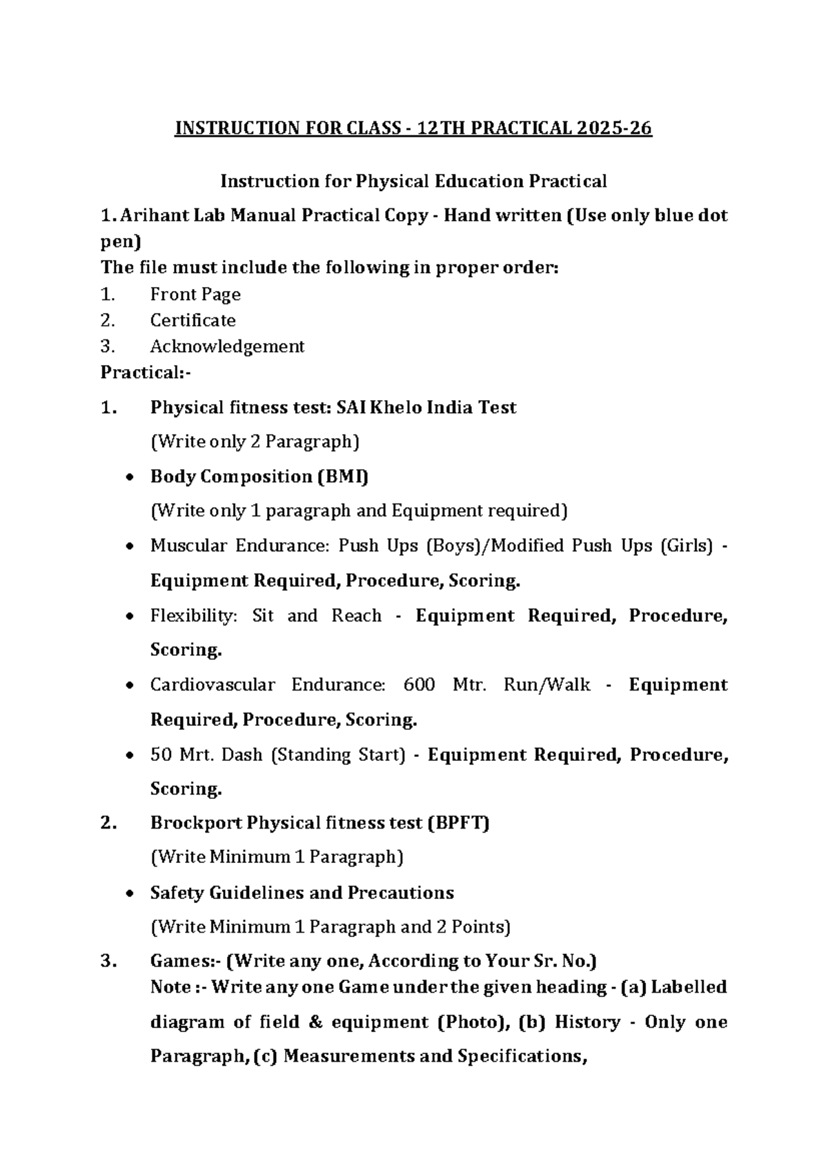Class 12th Physical Education Practical Instructions and Guidelines - Studocu