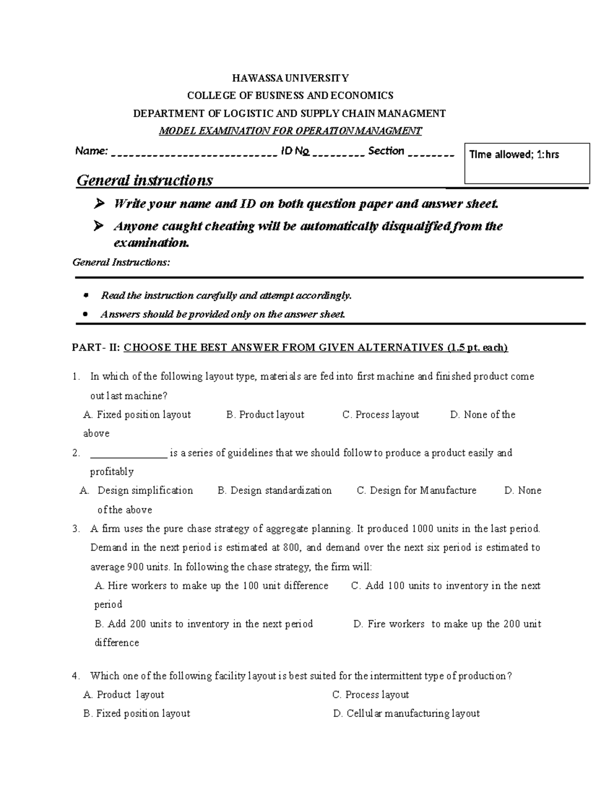 Operations Management - Model Exam (OM 101) at Hawassa University - Studocu