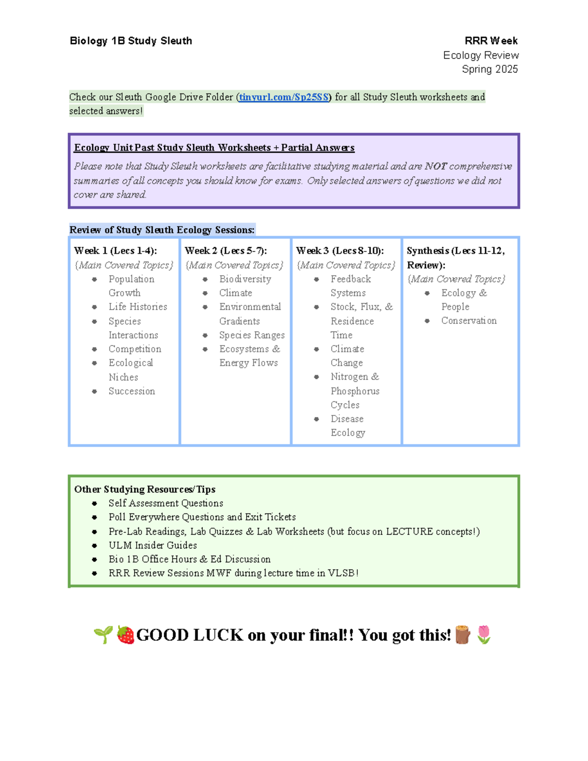 Biology 1B Final Review: Ecology Study Guide Spring 2025 - Studocu