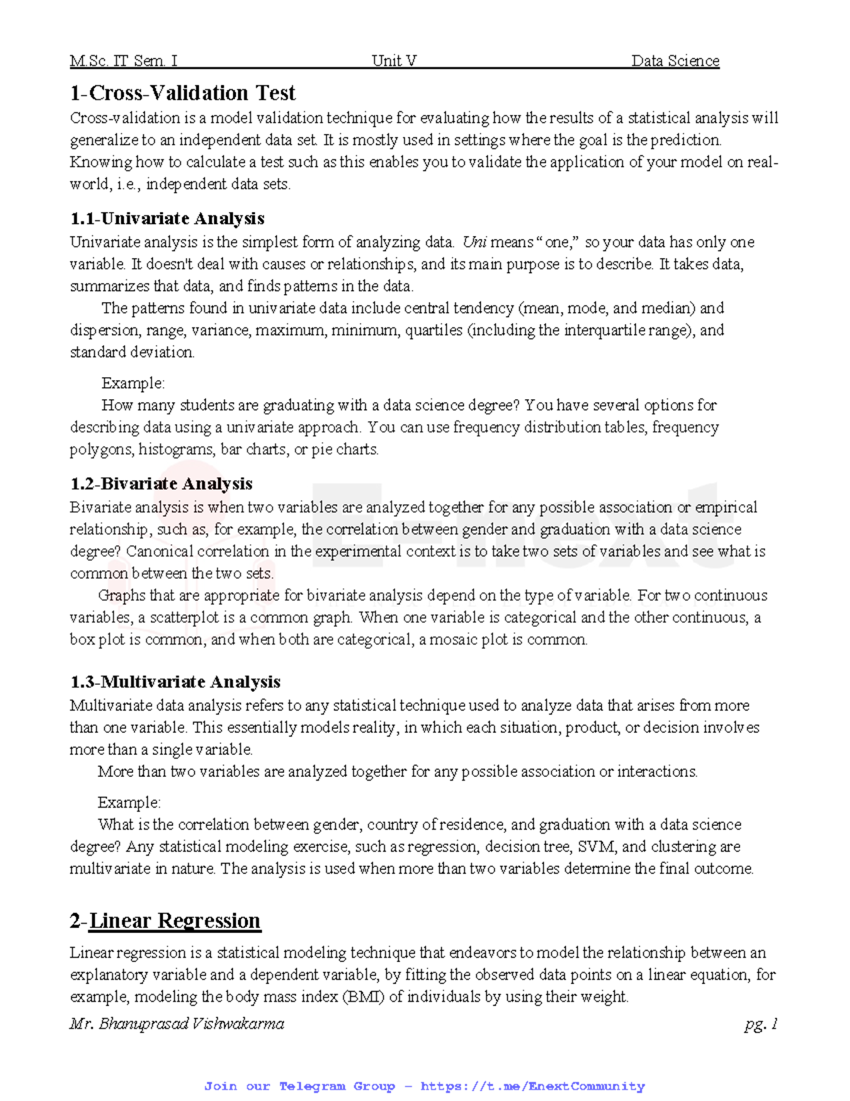 M.Sc. IT Sem. I Unit V Data Science Lecture Notes on Model Validation ...
