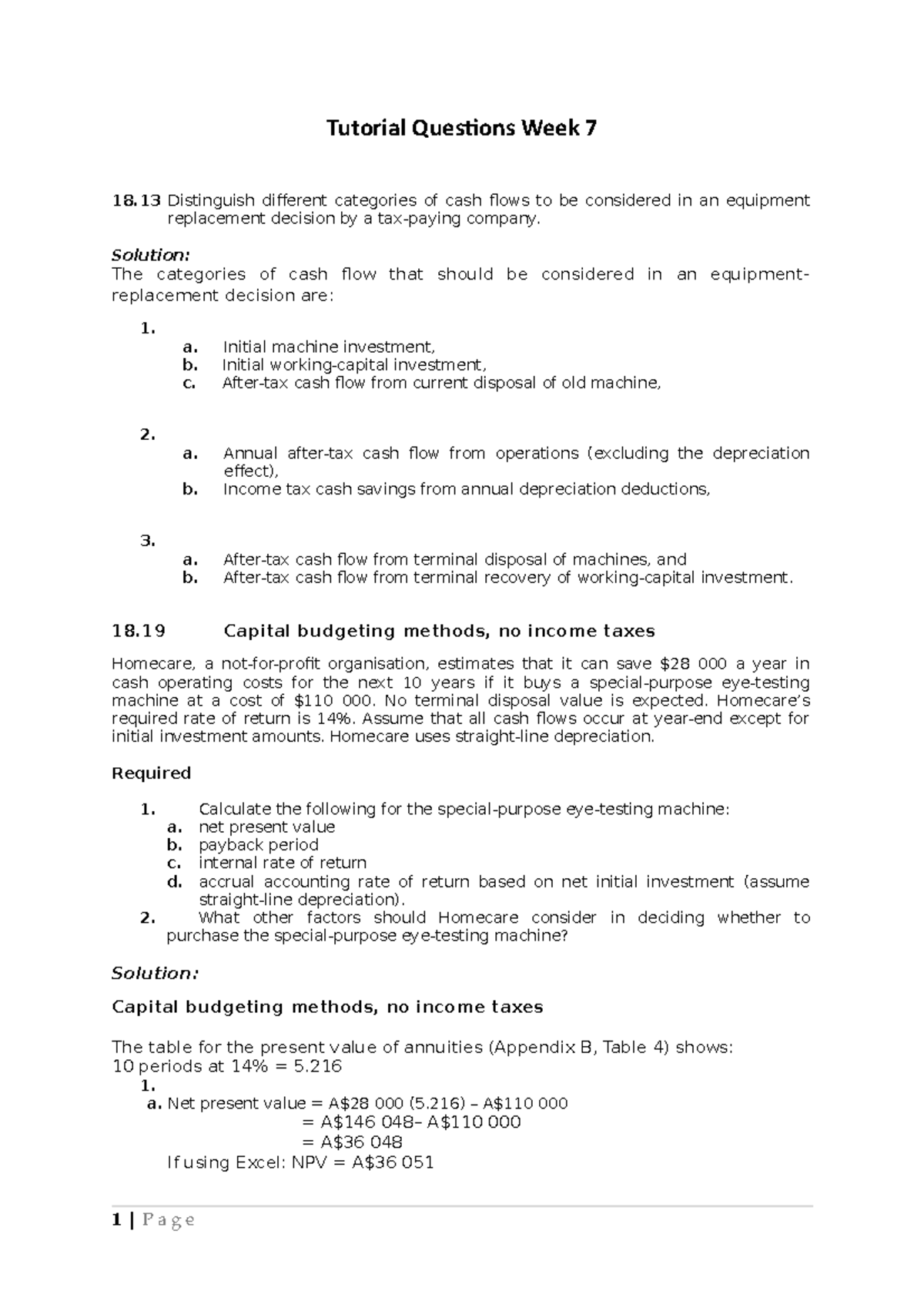 Capital budgeting - Tutorial Questions Week 7 18 Distinguish different ...