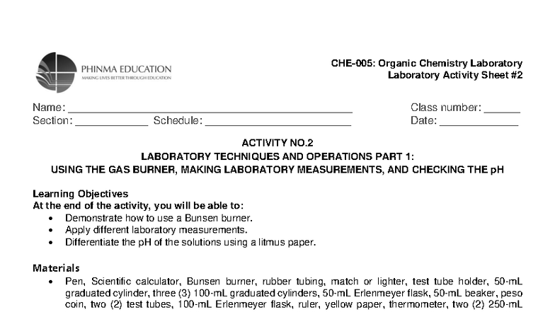 LAS2 CHE005L - Lab Techniques: Gas Burner, Measurements & pH Check ...