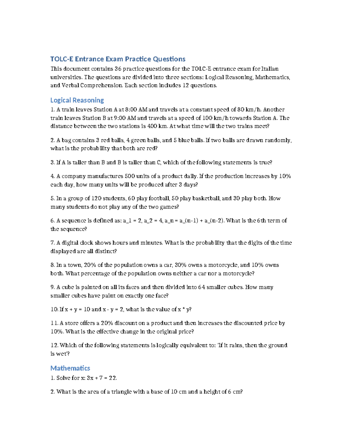 TOLC E Entrance Exam: 36 Practice Questions for Success - Studocu