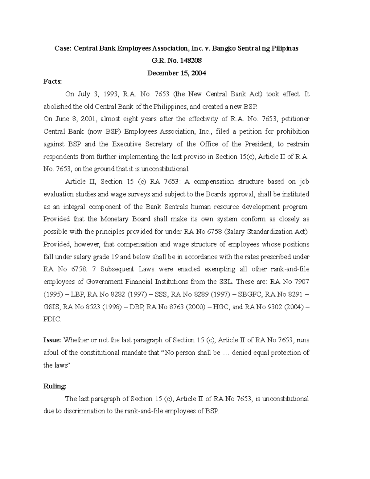Stat Con 9 - Case Study: Central Bank Employees Assn v. BSP - Studocu