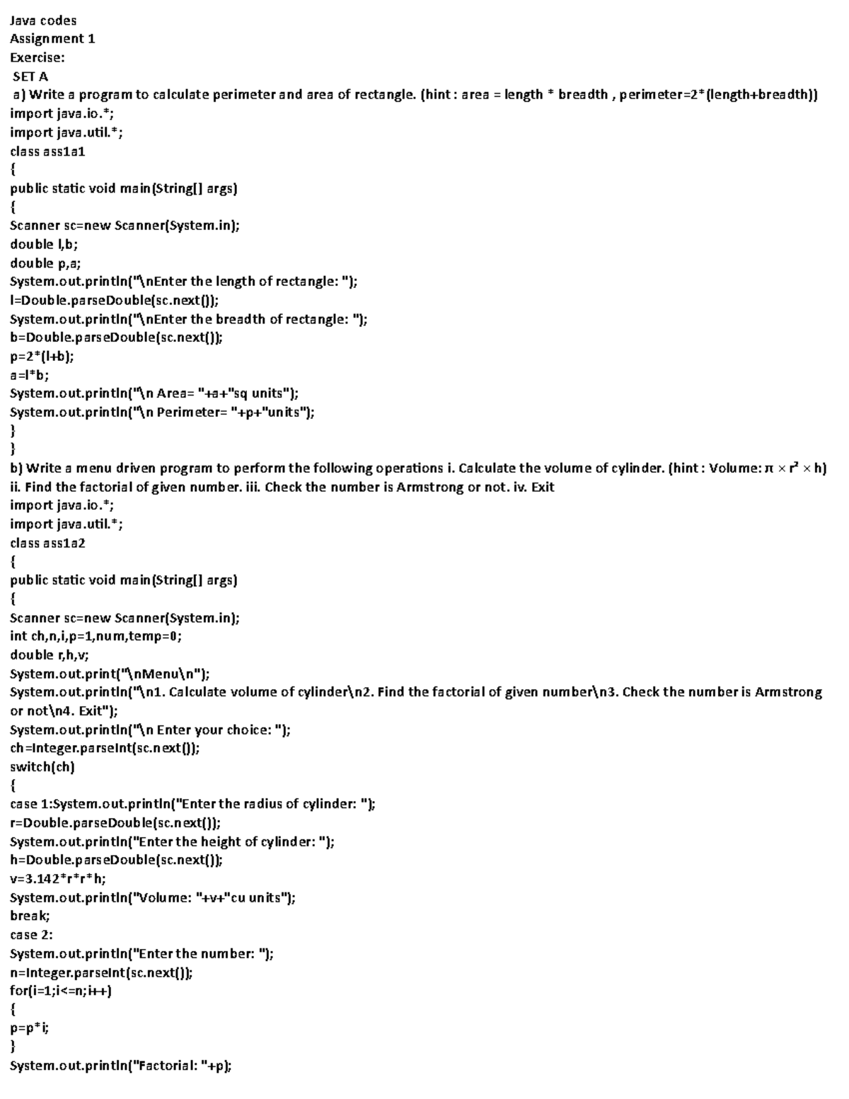 Java Codes Assignment 1 & 2 - DSSD - Studocu