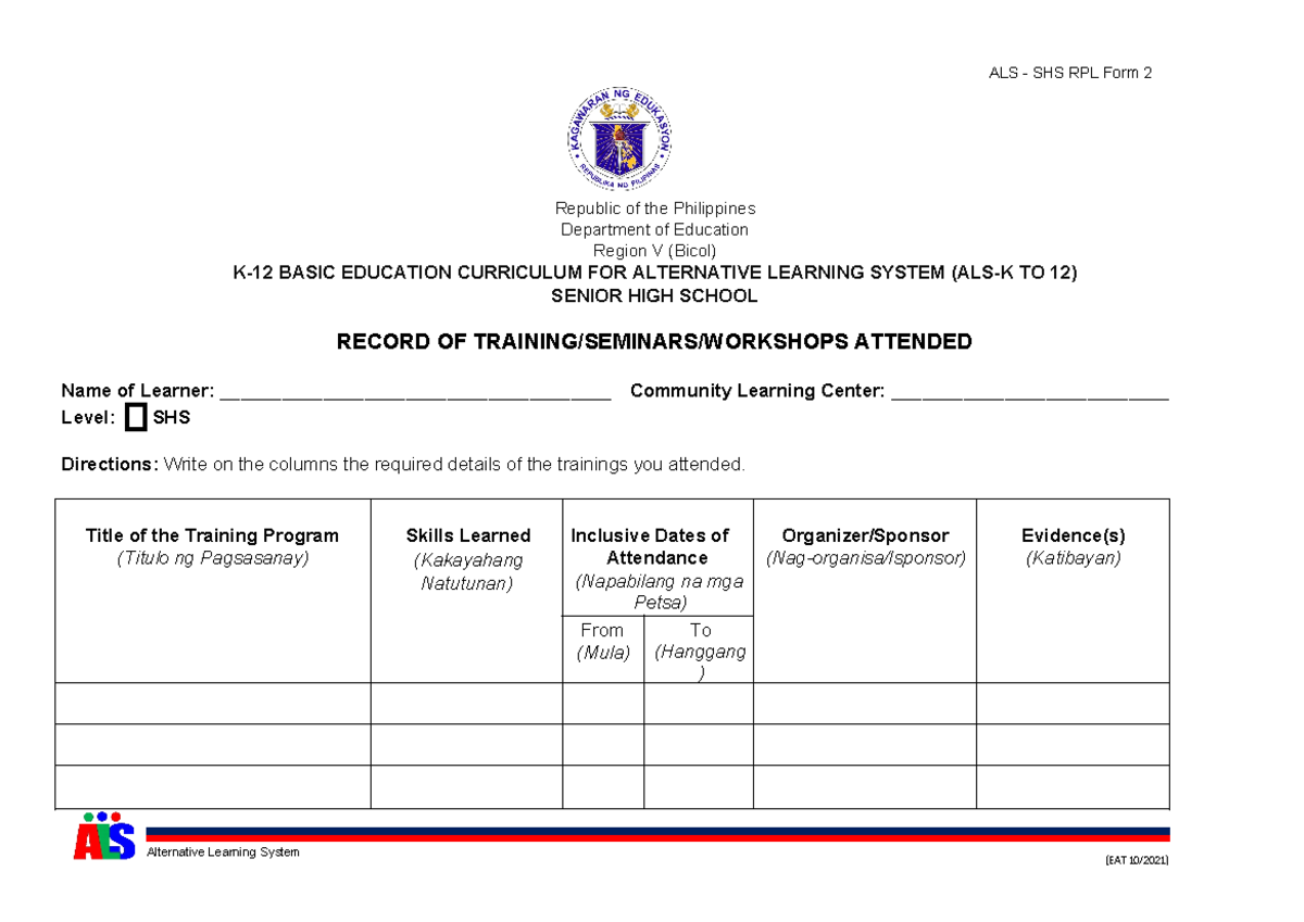 ALS SHS RPL Form 2 Record OF Trainingseminarsworkshops Attended ...