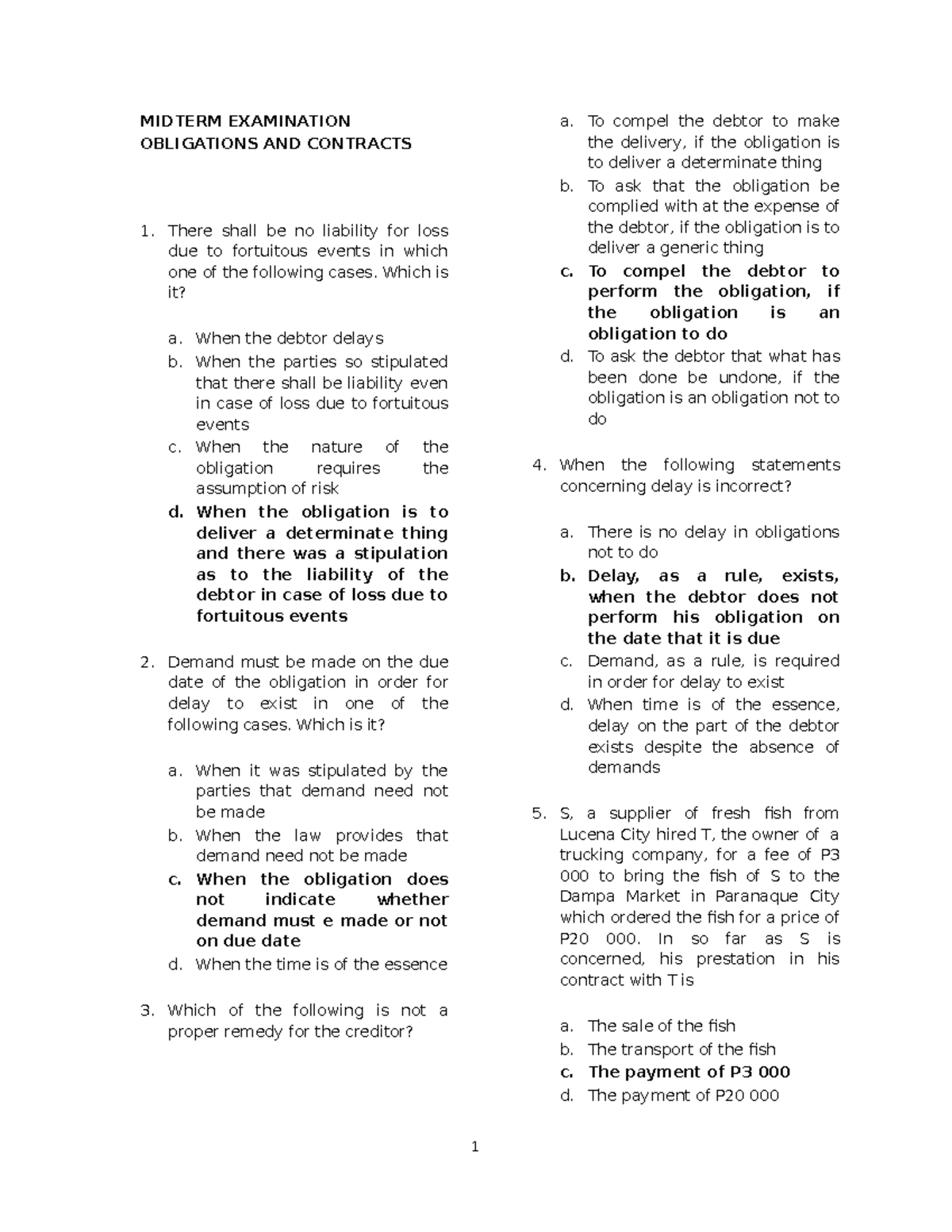 Midterm Exam Answer Keys - Obligations and Contracts (ASS) - Studocu