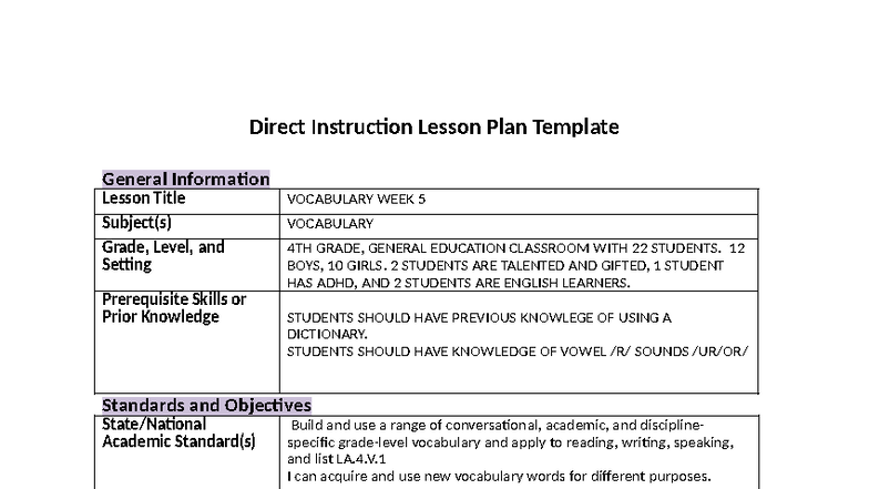 C909 Vocabulary Lesson Plan Template for 4th Grade - Studocu