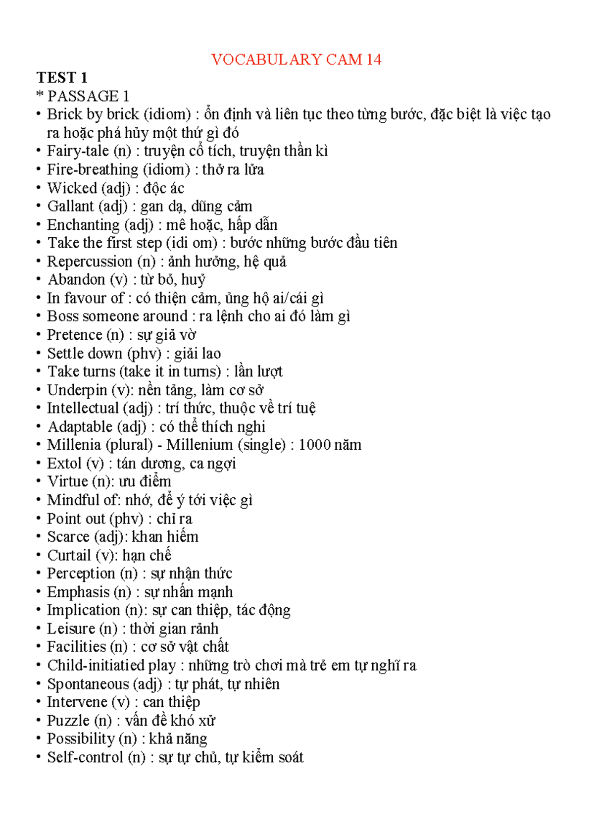 CAM 14 VOCABULARY TEST 1 PASSAGE 1 & 2 NOTES - Studocu