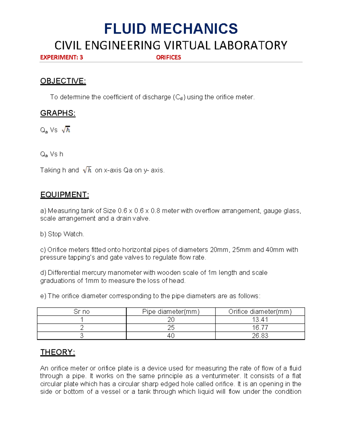 Fluid Mechanics CE Virtual Lab: Experiment 3 - Orifices Analysis - Studocu