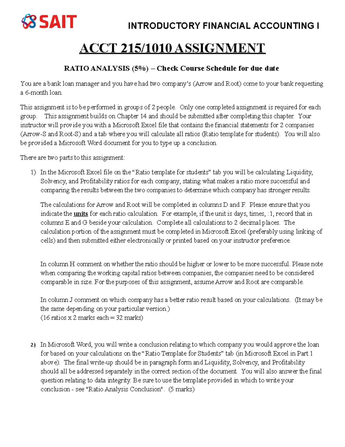 Acct 215 Ratio Analysis Assignment (5%): Group Task Overview - Studocu