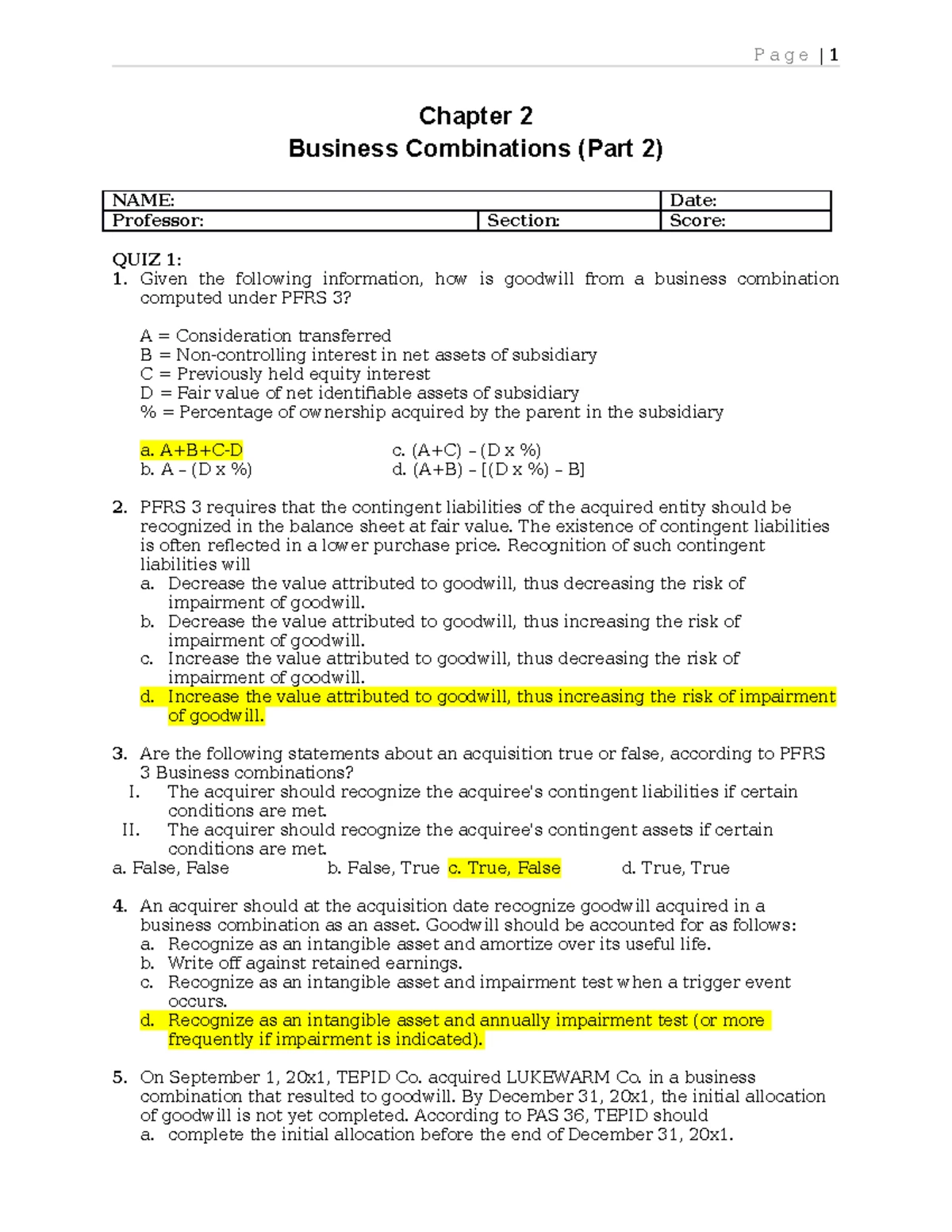 QUIZ Chapter 1 Business Combinations (PART 1) - Chapter 1 Business ...