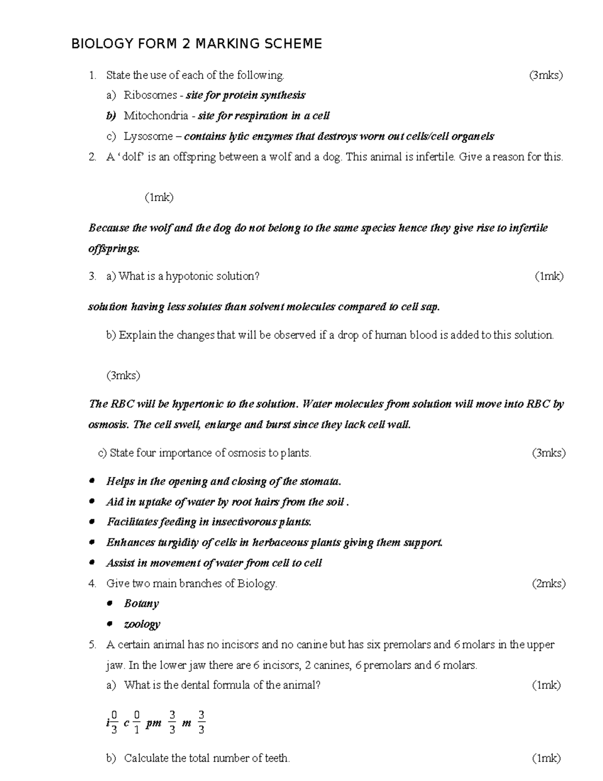 BIOLOGY FORM 2 MST REVISION MARKING SCHEME - Studocu