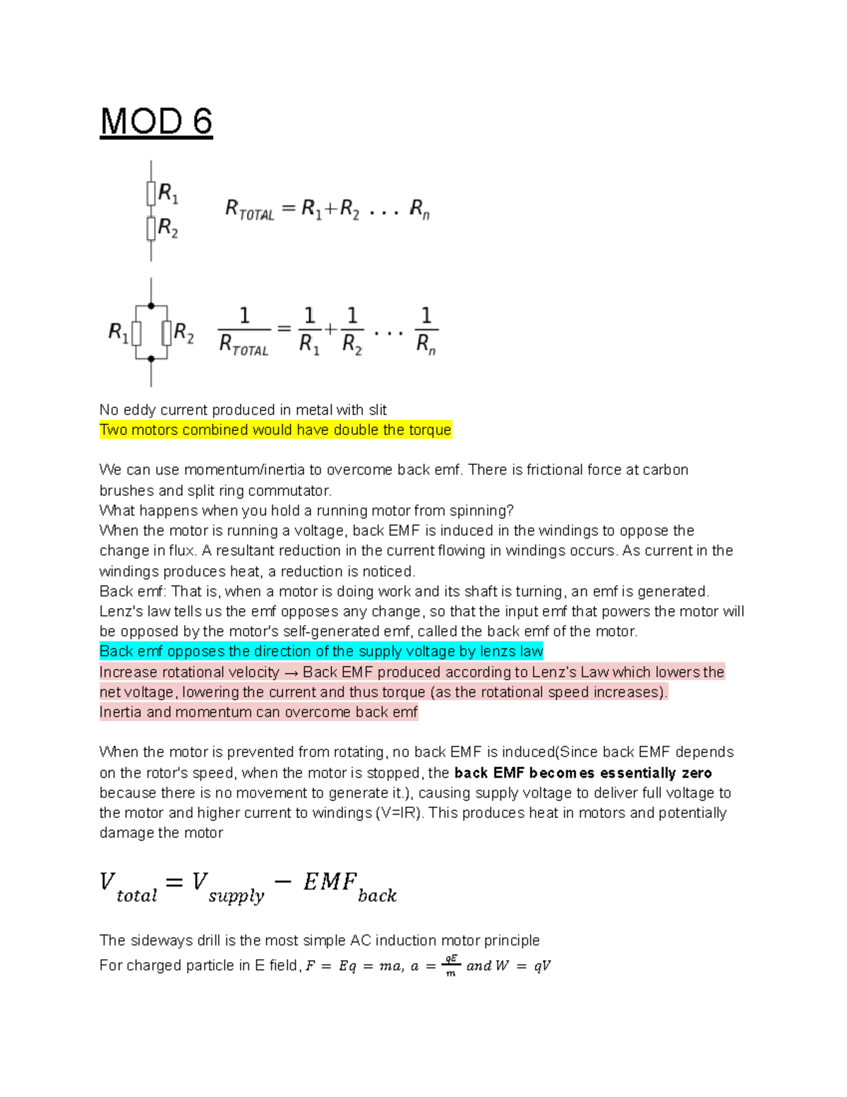 Physics MOD 6 Electromagnetism: Motor Effects and Back EMF Notes - Studocu