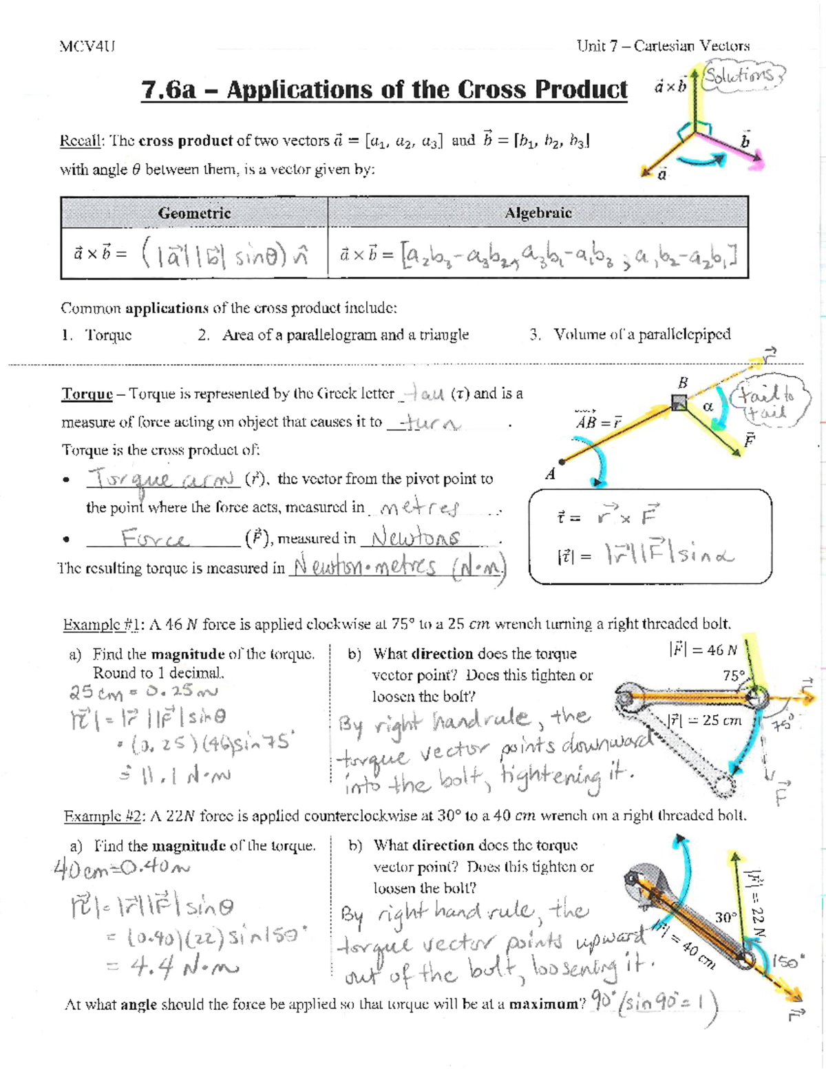 MCV4U - U7 - L7.6a - Applications of the Cross Product Solutions - Studocu
