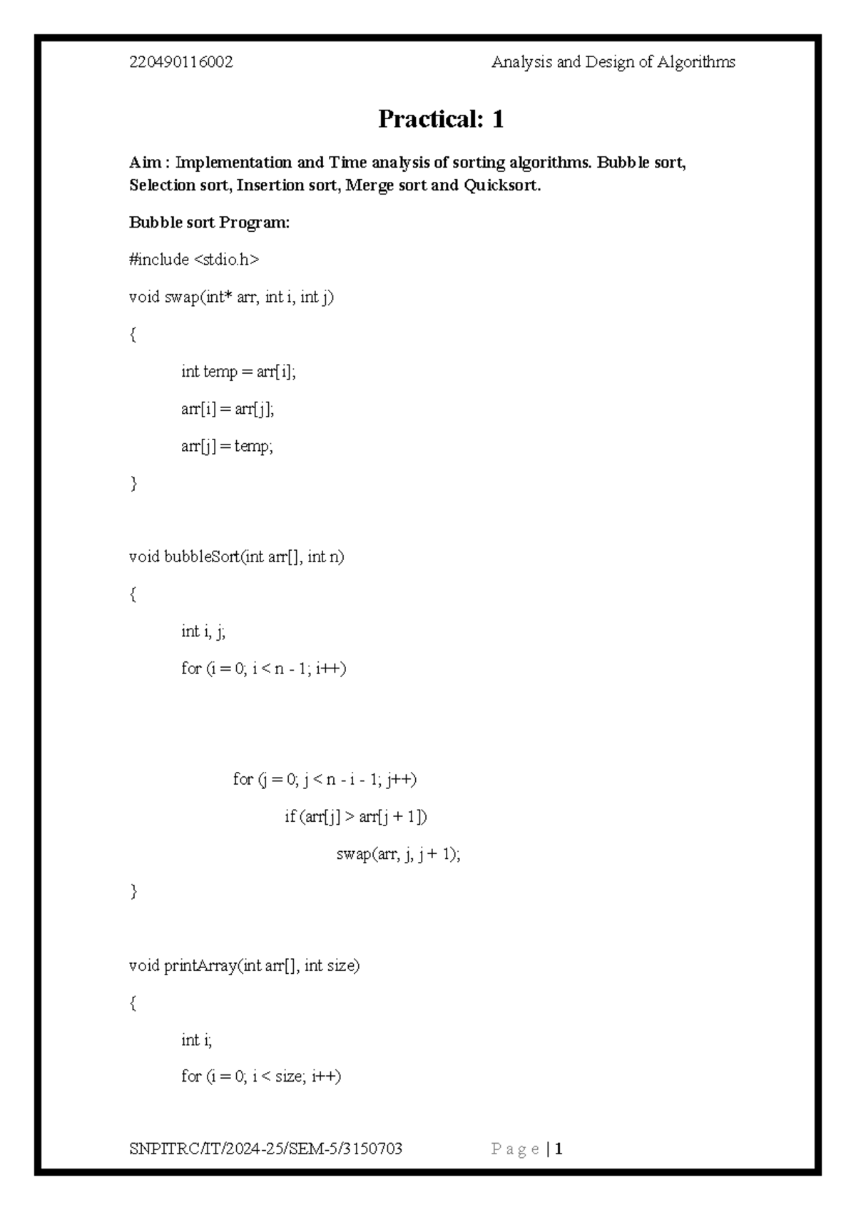 ada practical 1 - Practical: 1 Aim : Implementation and Time analysis of sorting algorithms ...