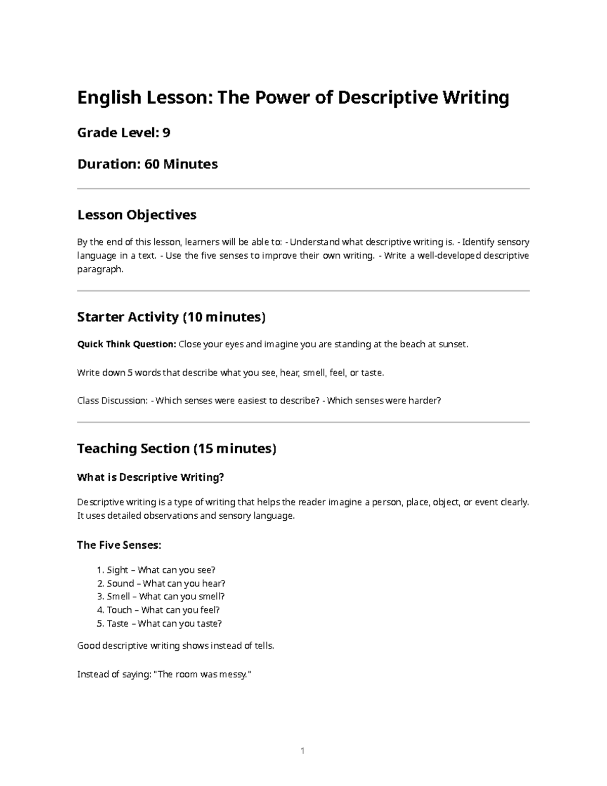 English Lesson: The Power of Descriptive Writing (Grade 9) - Studocu