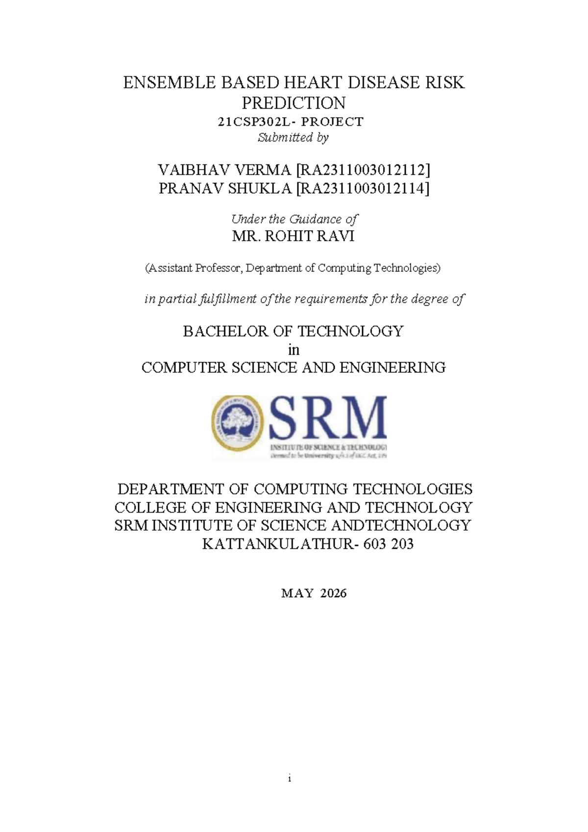 ENSEMBLE BASED HEART DISEASE RISK PREDICTION PROJECT - BTECH CSE - Studocu