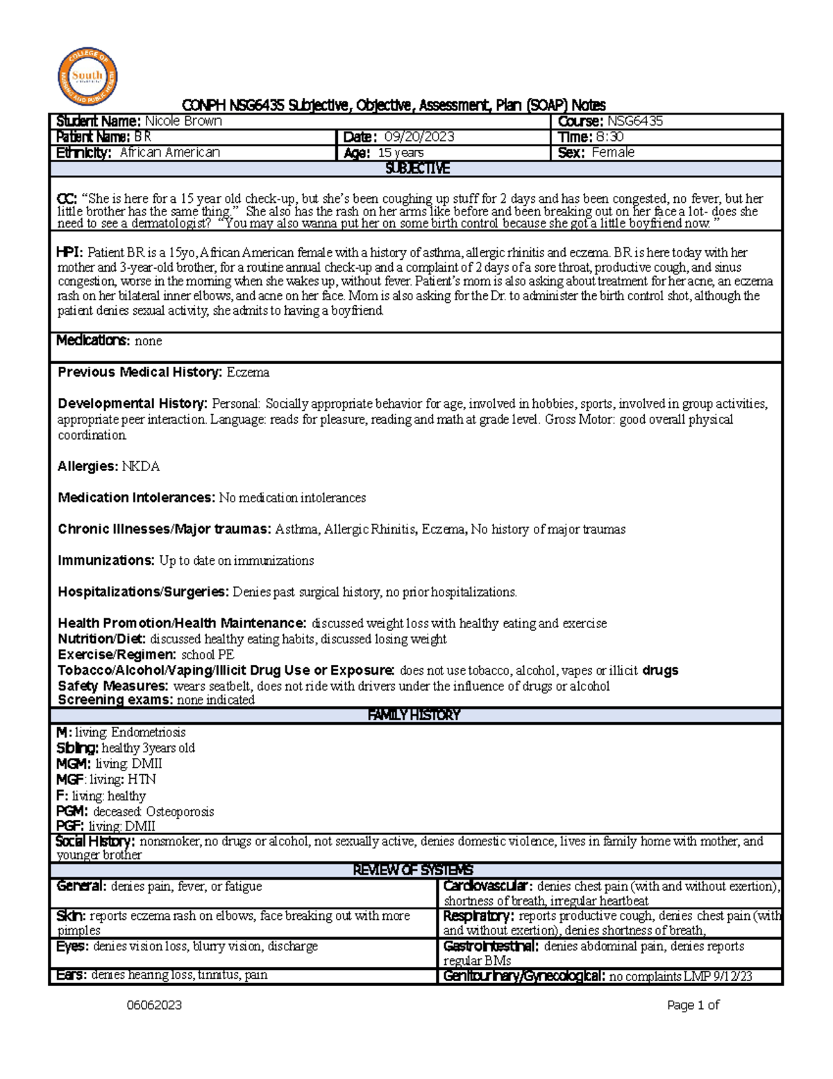 NSG6435 Week 1 SOAP Notes for Patient B R by Nicole Brown - Studocu