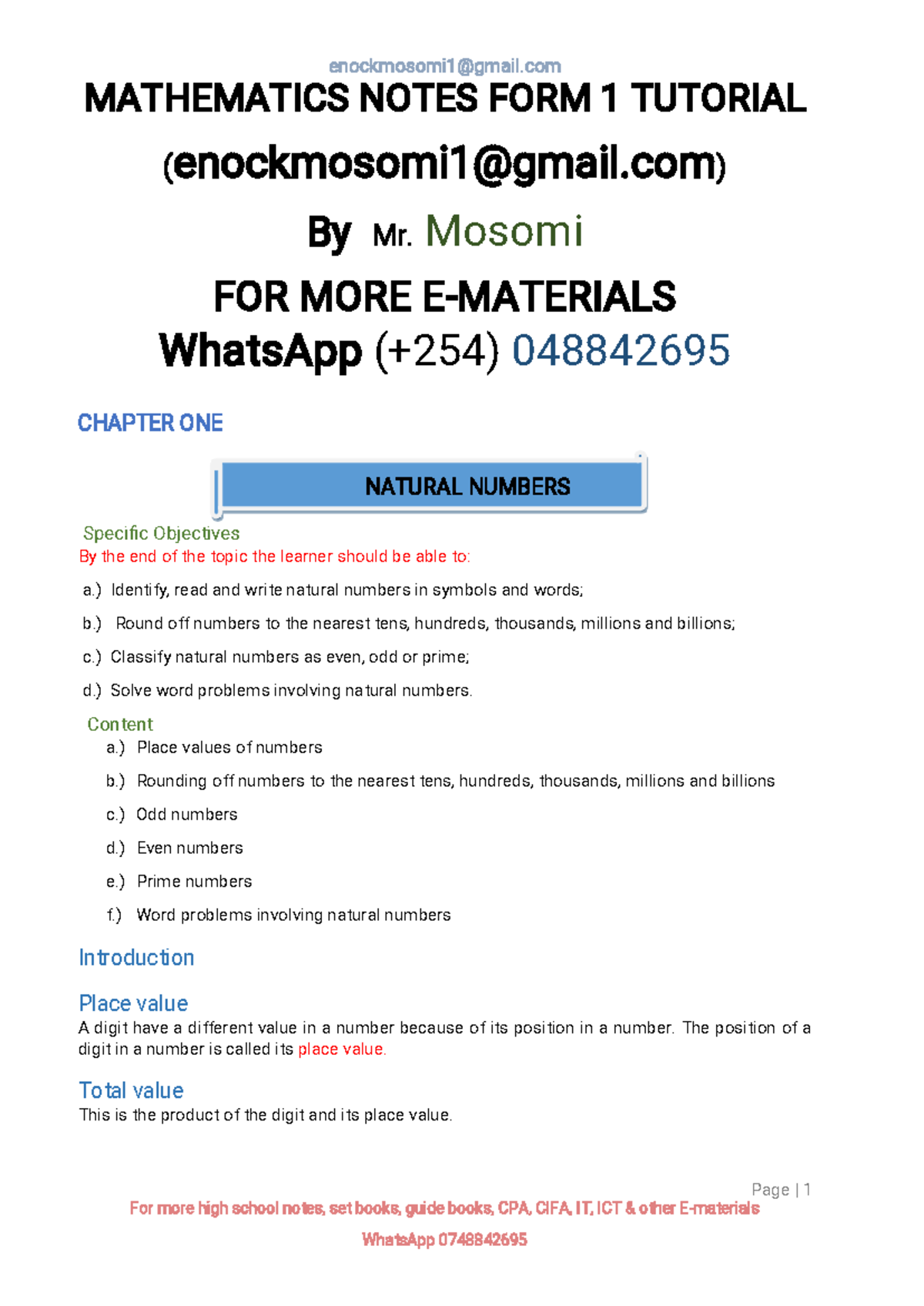 FORM 1 Mathematics Notes: Essentials of Natural Numbers and Fractions ...