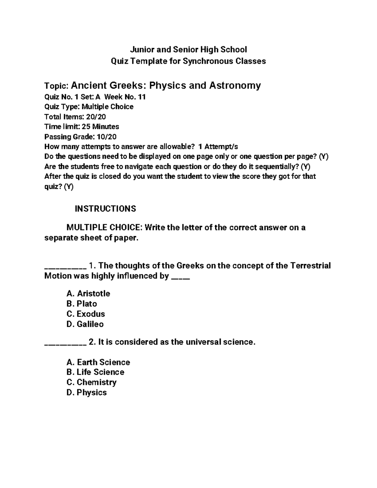 Junior and Senior High School Quiz (Q2) on Ancient Greeks: Physics ...